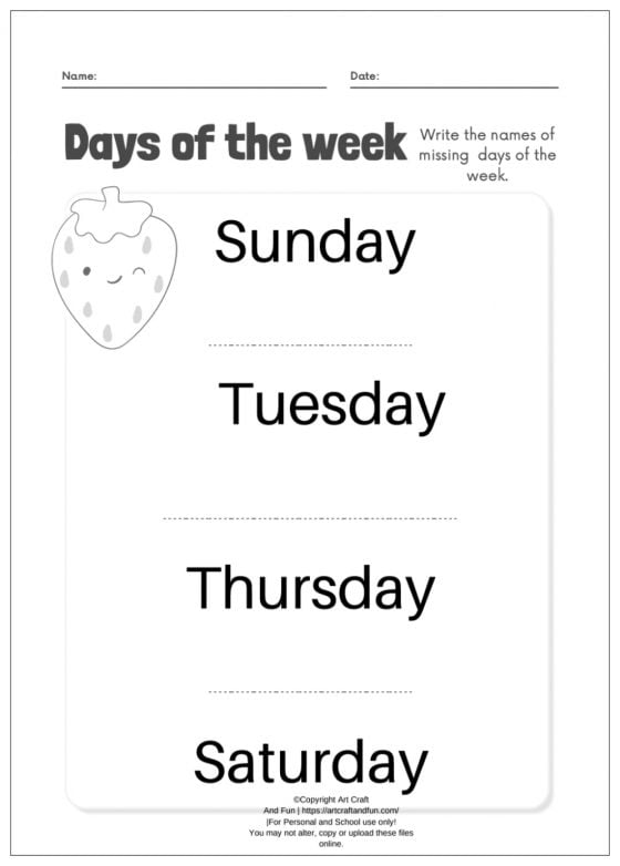 Free Printable Days Of The Week Worksheets